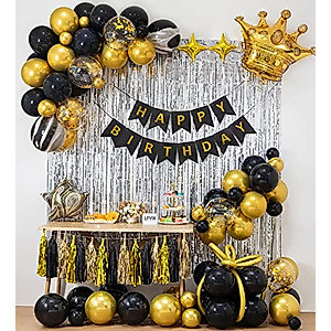 LFVIK Black Gold Birthday Decorations Background&4 Sizes Balloons Garland Black Gold Party Set,Birthday Banner,Crown Balloons,Silver Curtains,Tassel,Gold Confetti Balloons,for Women Men Birthday Party