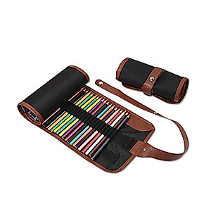 1 Pack Colored Pencils Roll 48 Slot Canvas Pencil Organizer Bag Wrap Multi Use Roll Up Pencil Case Pencil Pouch Holder Rollable Pouch for Painter Artist School Office Travel (Black)