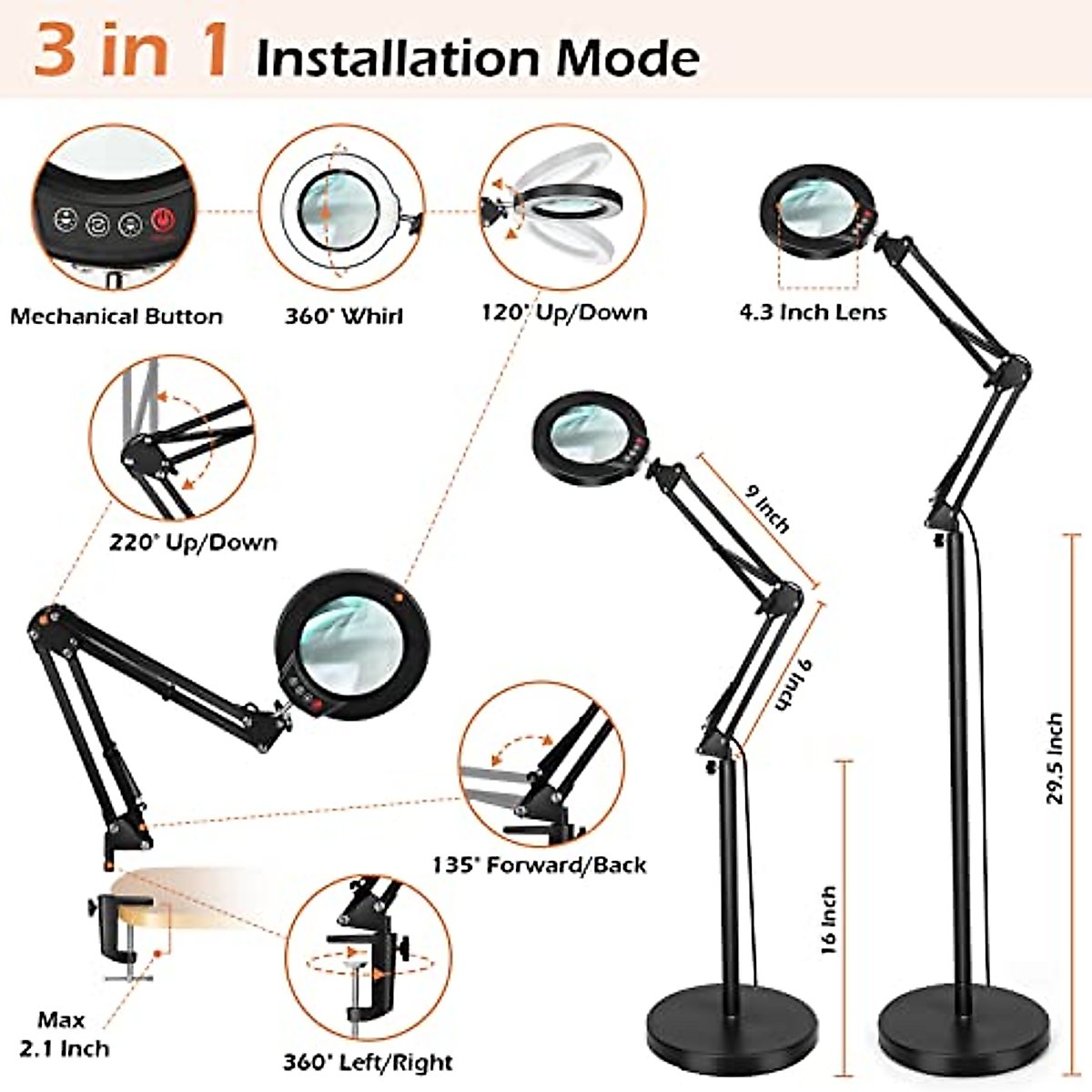5X Magnifying Glass with Light and Stand, Krstlv LED 5 Color Modes, Stepless Dimmable Magnifying Floor Lamp, 3-in-1 Adjustable Swing Arm Lighted Magnifier Lamp with Clamp for Reading, Craft, Esthetic
