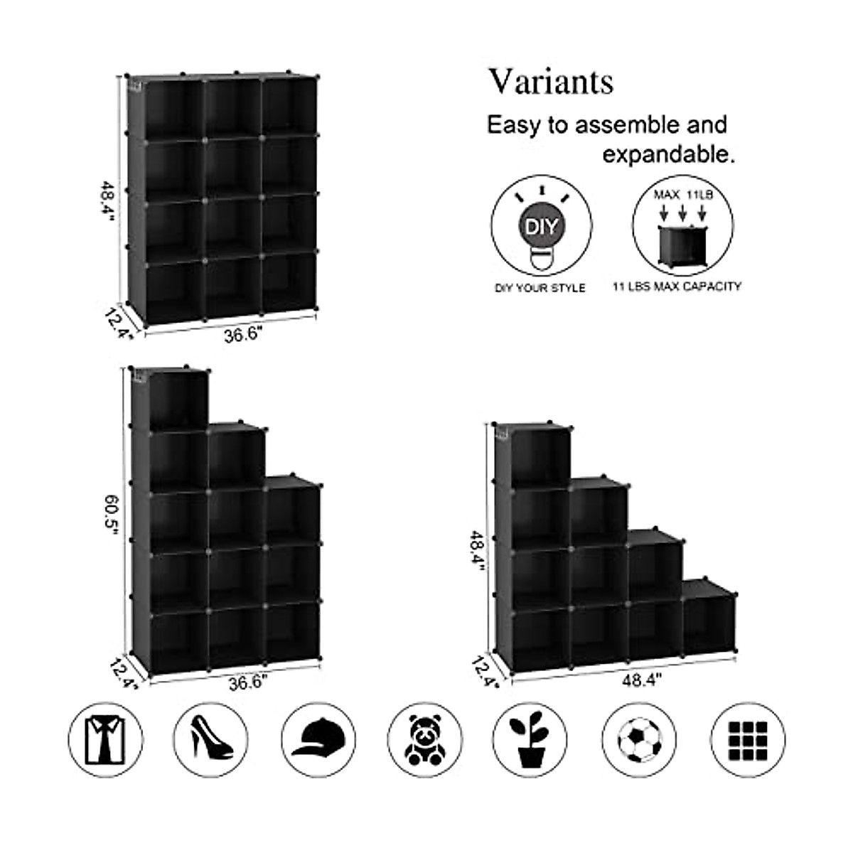 C&AHOME Cube Storage Organizer, 12-Cube Shelves Units, Closet Cabinet, DIY Plastic Modular Book Shelf, Ideal for Bedroom, Living Room, Office, 36.6" L x 12.4" W x 48.4" H Black SHS3012B