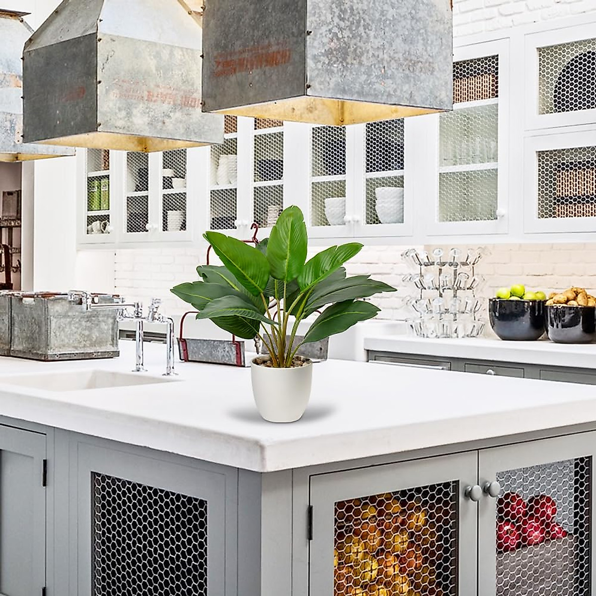 Hollyone Artificial Bird of Paradise Plant in Pot, Fake Palm Tropical Potted Plant 15" Faux Plantain Banana Leaf Plant for Indoor Outdoor Home Desk Office Garden Decoration