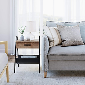 Nathan James Hugo Wood Nightstand, Rustic Accent End or Side Table with Drawer, Durable Black Metal Frame & Leather Hammock, Brown