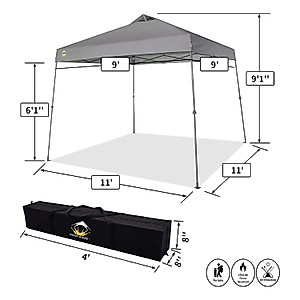 Crown Shades 11' x 11' Base 9' x 9' Top Telescoping Slant Leg Outdoor Instant Pop-Up Portable Waterproof Shade Folding Canopy with Carry Bag, Gray