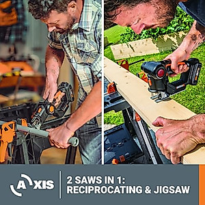 Worx 20V AXIS 2-in-1 Cordless Reciprocating Saw & Jig Saw, Orbital Cutting Reciprocating Saw, Pivoting Head Jigsaw Tool with Tool-Free Blade Change, Power Share WX550L – Battery & Charger Included
