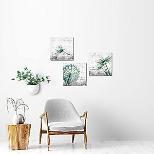 3 Piece Framed Canvas Wall Art Teal Dandelion on Rustic Grey Background Canvas Prints Home Artwork Decoration for Living Room Bedroom Farmhouse Decor 12x12x3 Panels (Small)