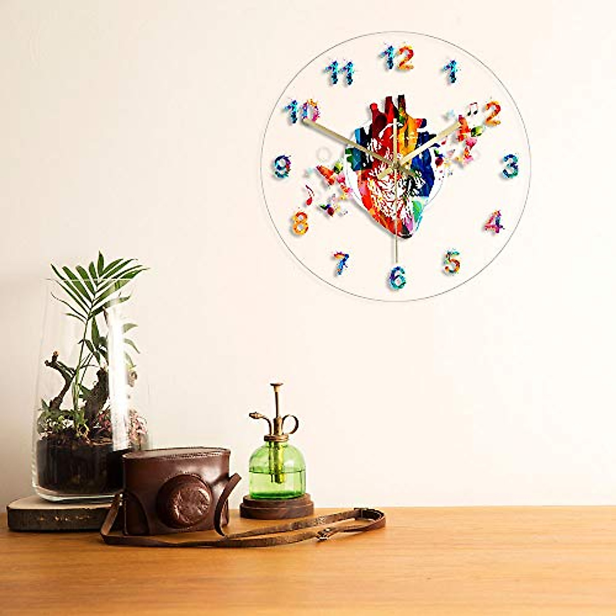 Wall Clocks12 inch Heart Design Anatomy Watercolour Painting Print Acrylic Wall Clock Medical Office Art Decor Cardiovascular Artwork Wall Clock Easy to Read