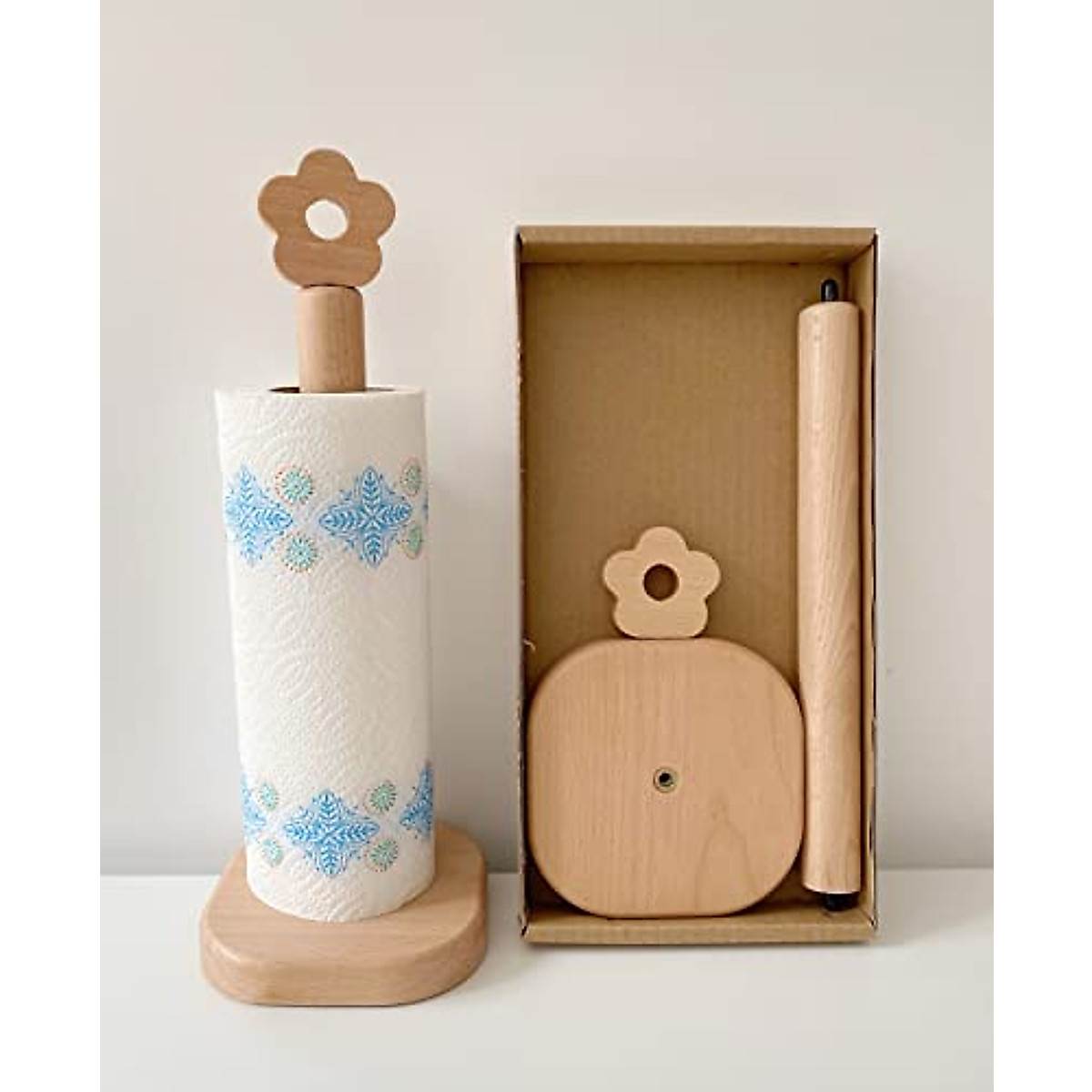Paper Towel Holder, Wooden Kitchen Roll Stand Organizer Free Standing, Housewarming Gift Present for Friends