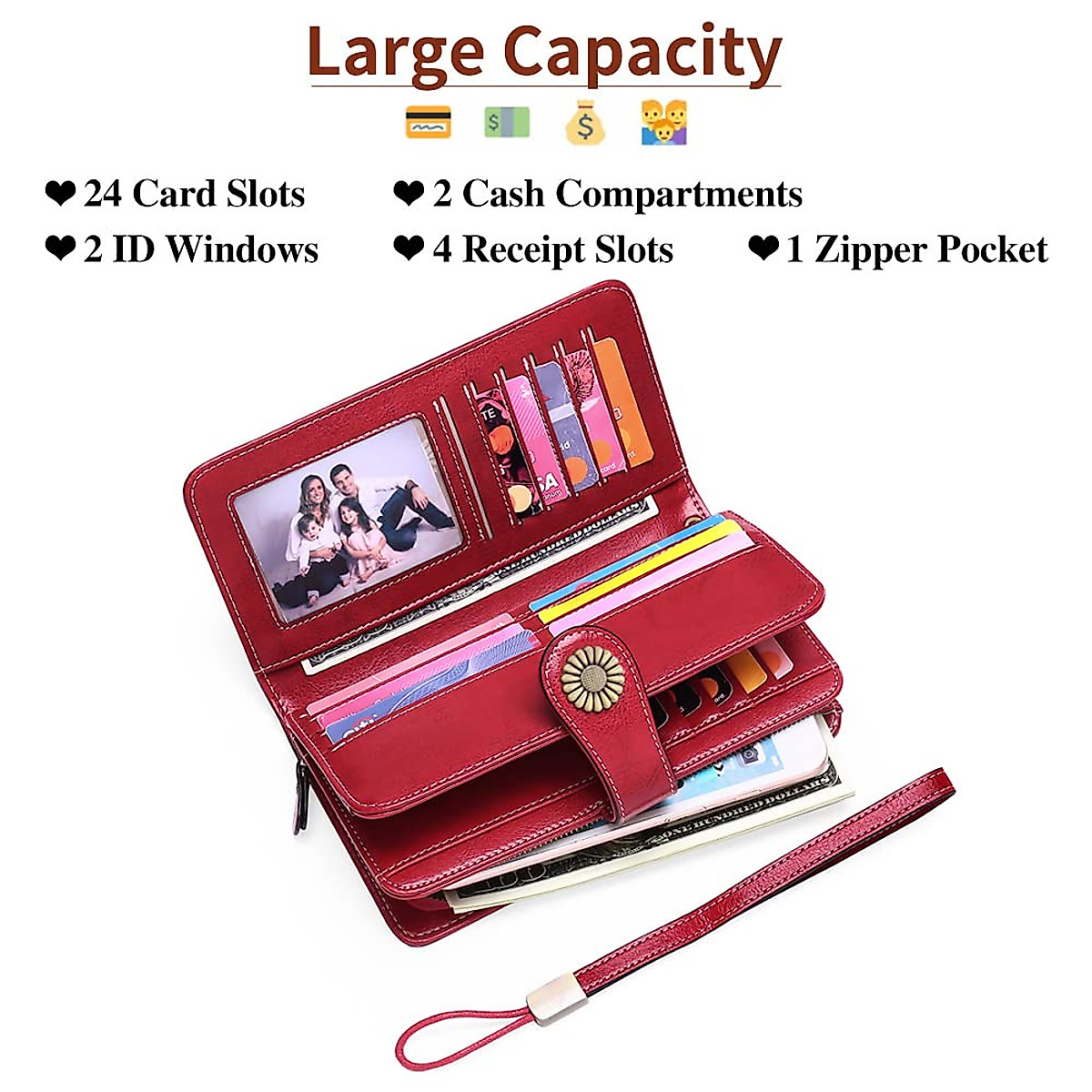 SENDEFN Wallets for Women Genuine Leather Credit Card Holder with RFID Blocking Large Capacity Wristlet