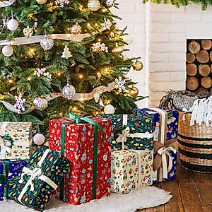 EverMerry Christmas Wrapping Paper Set, Neutral Wrapping Paper (6 Sheets 29 in. x 41 in.) Blue, Green, Beige, Red for Packaging & Christmas & Birthday