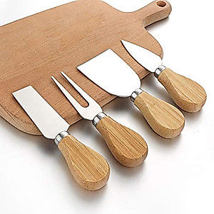 Futu Set of 4, Cheese Knives with Bamboo Wood Handle, Steel Stainless Cheese Slicer Cheese Cutter- Mini Knife, Butter Knife, Spatula & Fork