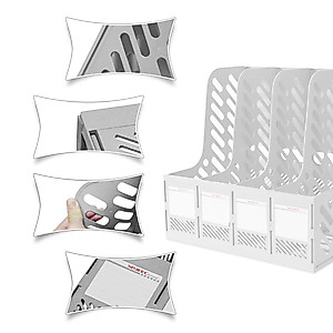 SAYEEC 4 Compartment File Holder Folder Grid Bookshelf Magazine Organizer Plastic File Frame Desktop with Blank Labels A7 Notebook Storage Assemble File Box for Work/Office/Study