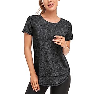 Abrooical Women's Short Sleeve Workout Shirt Yoga T-Shirt Athletic Tee Top Round Neck Wicking Sports Tees Black Large
