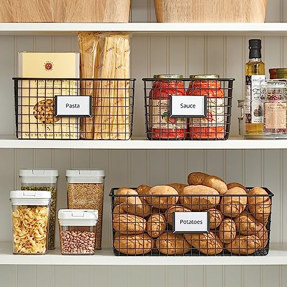 mDesign Wide Steel Wired Storage Organizer Bin Baskets with Label Slot for Kitchen Pantry, Cabinet, Organizing Holder for Food, Drinks, Snacks, Produce, Omaha Collection, 2 Pack, Matte Black
