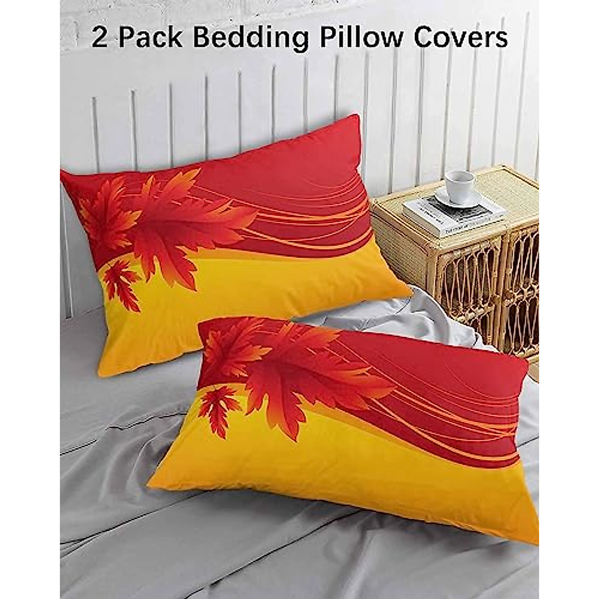 Edwiinsa Fall Leaf Pillow Covers Standard Size Set of 2 Bed Pillow, Red Orange Maple Leaves Farmhouse Plush Soft Comfort for Hair/Skin Cooling Pillowcases with Envelop Closure 20''x26''