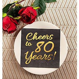 80th Birthday Decorations for Men Women Party Supplies Cocktail Napkins Black 50 Pack,5"x 5" Folded,Cheers to 80 Years! (80)