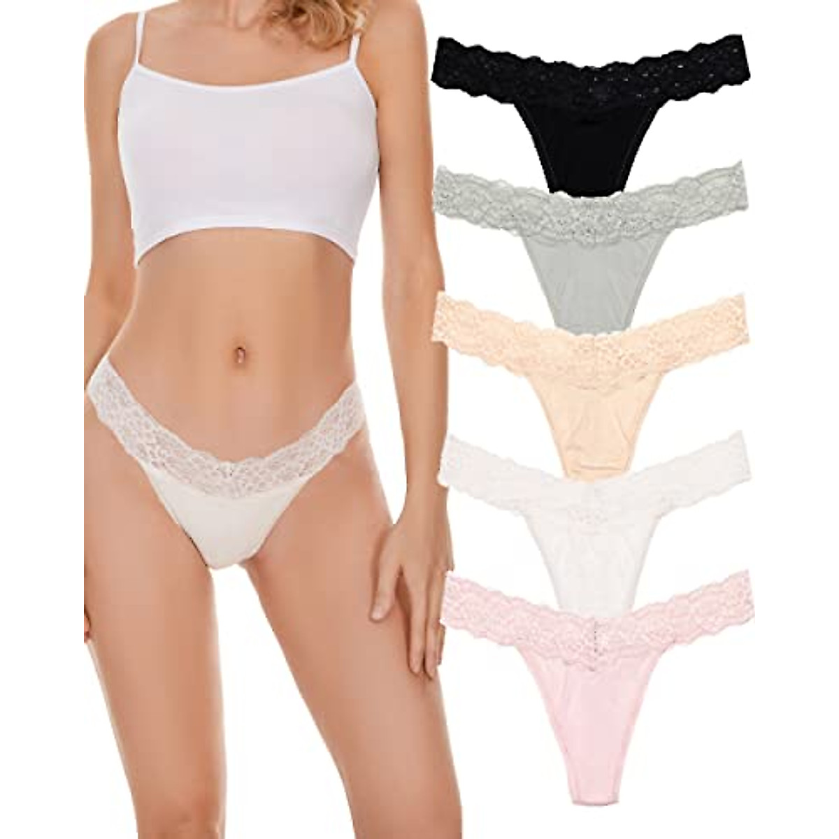 VEMILOTS Lace Thongs for Women Pack Seamless Stretch No Show Underwear Cotton Modal Thong Panties 5 Pack(5pc Classic Assorted-L)