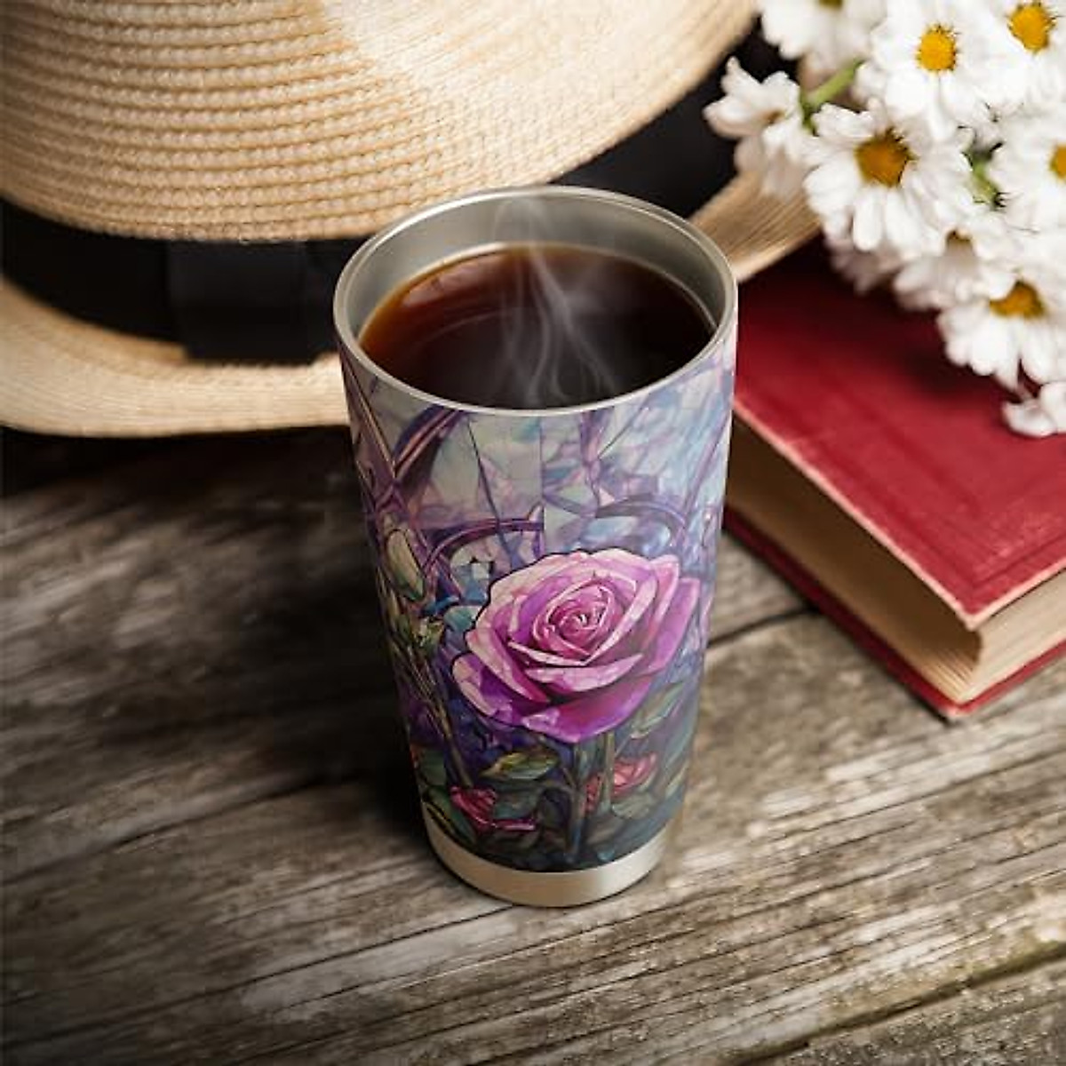 ORCAE 20oz Colorful Rose Flower, Crystal Stained Glass Style Flowers, Pink Purple Rose Tumbler Cup, Insulated Travel Mug with Lid, Coffee Thermos for Women, Gifts for Women - M