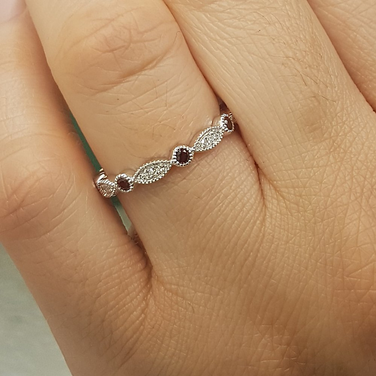 Dazzlingrock Collection Alternating Round Garnet & White Diamond 7 Stone Stackable Wedding Band Ring for Women in 14K White Gold, Size 7