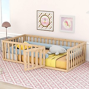 Bellemave Twin Floor Bed with Fence and Door, Kids Montessori Floor Bed Without Slats, Cute Montessori Bed for Kids, Girls, Boys, Wodd Floor Bed(Natural Twin)