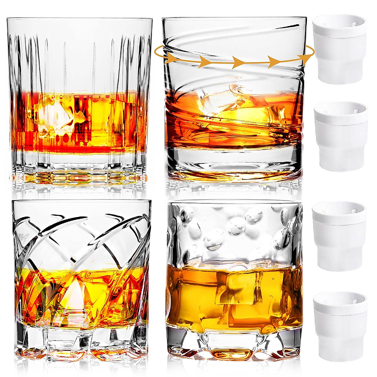 LURRIER Whiskey Glass set of 4,Old Fashioned Whiskey Glasses,10 oz Crystal Whiskey Glass for Scotch,Bourbon,4 Patterns Spinning Whiskey Glass Set,Whiskey Glasses gift with 4 Ice Molds Gift for Men