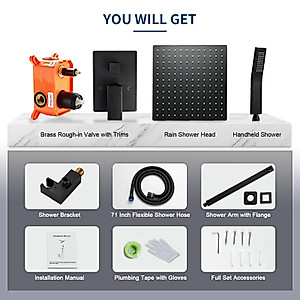 BALLEERUN Shower Faucet Kit 10-Inch Matte Black Showerhead and Handle Kit Bathroom Luxury Shower Faucet with Square Rain Showerhead and High-Pressure Handheld Sprayer Shower Valve and Trim Kit