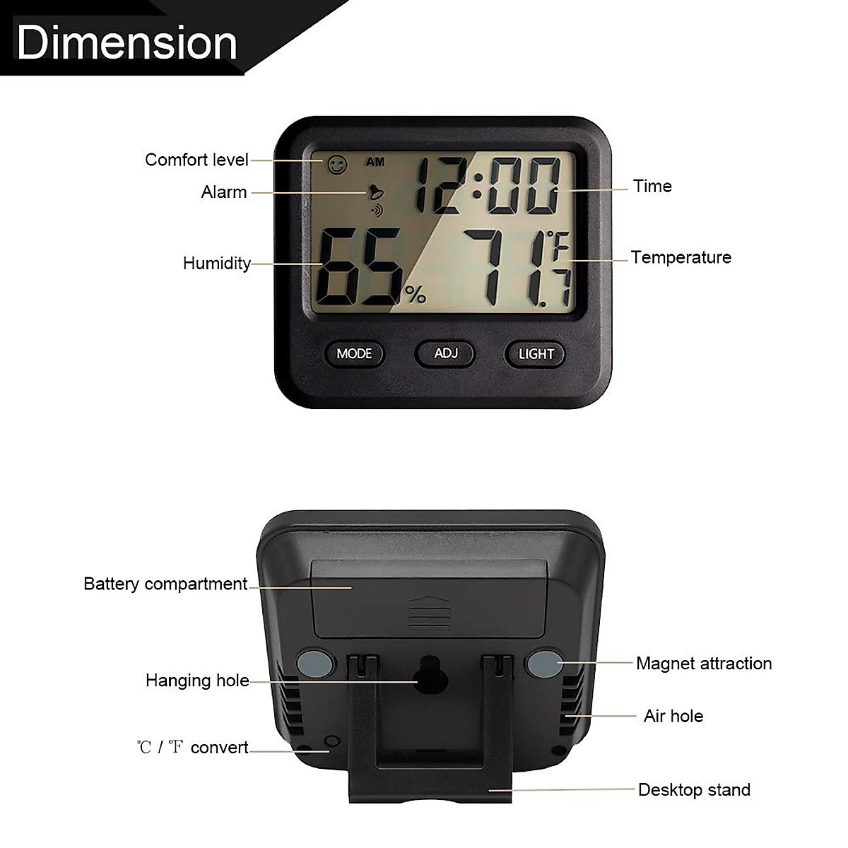Digital Hygrometer Indoor Thermometer, Temperature Humidity Gauge with Desk Clocks for Bedroom Office,Backlit Accurate Monitor Clear Reading,Time Display Room Thermometer for Home Greenhouse(White)