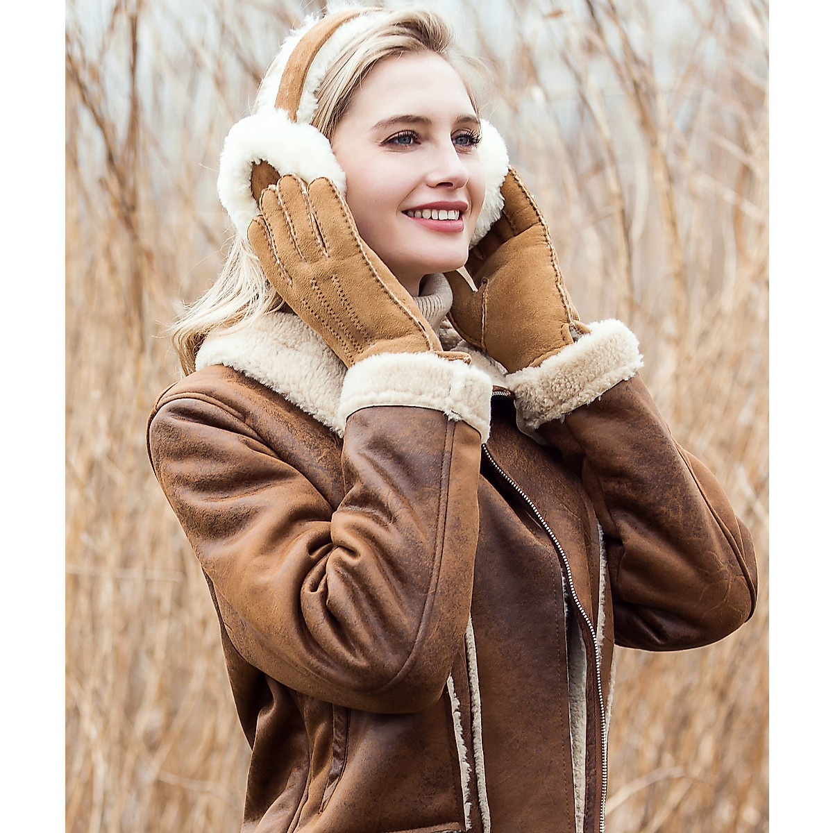 YISEVEN Women's Merino Rugged Sheepskin Shearling Leather Gloves Mittens Sherpa Fur Cuff Thick Wool Lined and Heated Warm for Winter Cold Weather Dress Driving Work New Year Gifts, Camel Medium