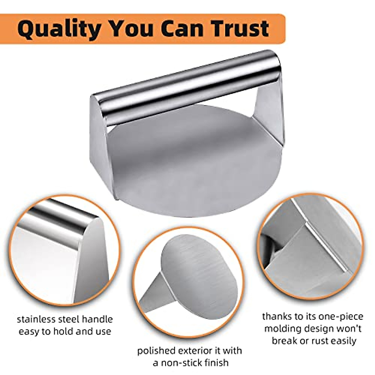 Koicarpe Burger Press - Stainless Steel Burger Smasher Tool - Smooth & Non-Stick Surface - Round Utensil for Grilling Meat Patty, Steak, Hot Dog, Grill Flattener for Steaks, Panini, Sandwich, 5.5x5.5