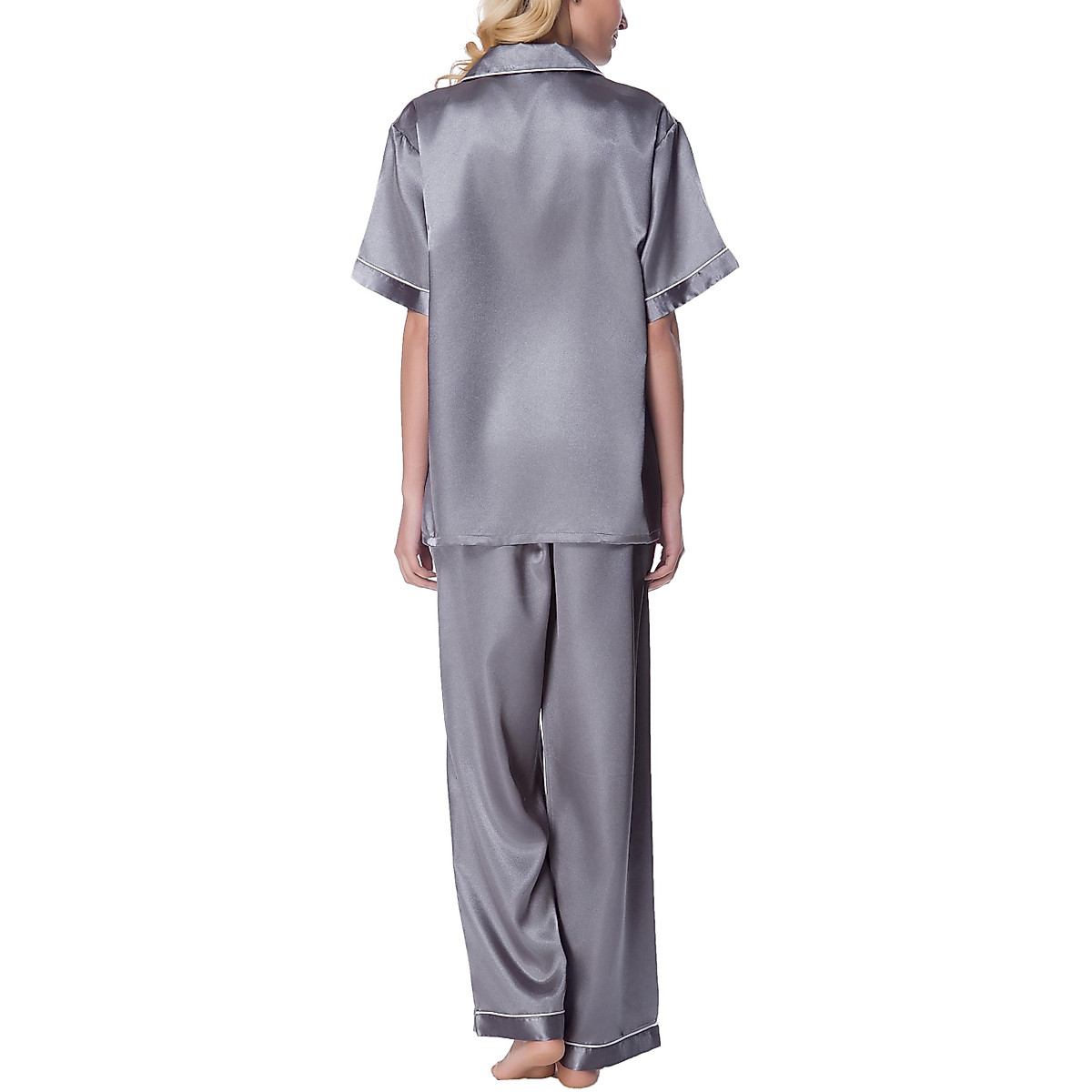 Lavenderi Women's Short Sleeve Classic Satin Pajama Set（X-Large,Silver Grey