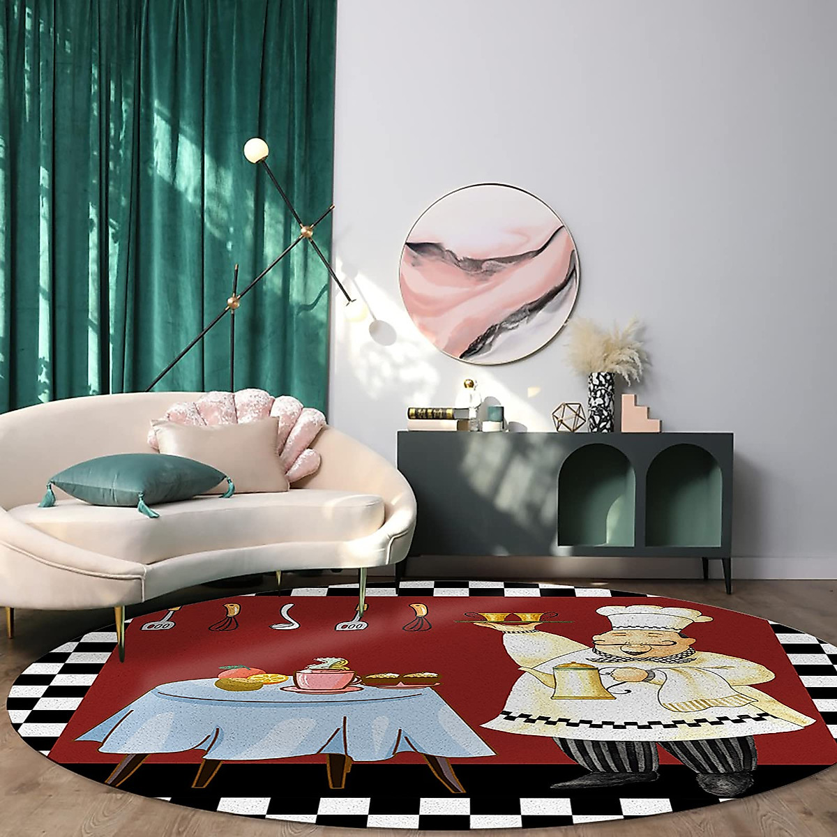 Kitchen Coke Coffee Chefs Round Area Rugs Collection 3', Rustic Black and White Buffalo Plaid Indoor Circular Throw Runner Rug Floor Mat Carpet for Living Room Dining Table Bedroom Nursery Decor