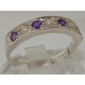 LetsBuyGold 925 Sterling Silver Cultured Pearl and Amethyst Womens Band Ring - Sizes 4 to 12 Available