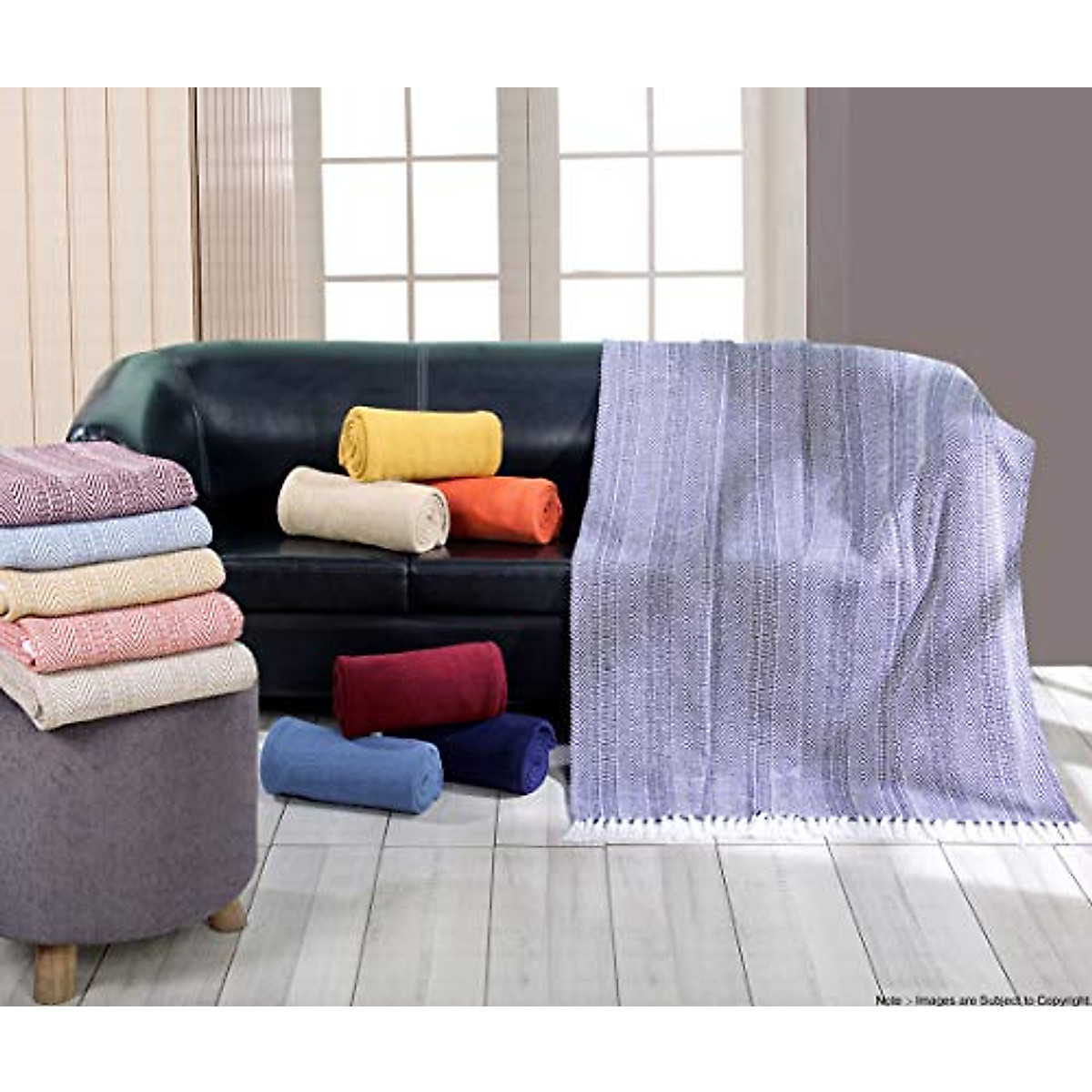 Luxurious Hand Woven Cozy Warm 100% Combed Cotton All Season Indoor Outdoor Light Weight Fade Resistant Couch Chair Bed Throw Blankets Batik 50x60 Inch Set of 2 (Navy)