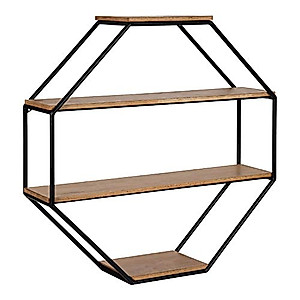 Kate and Laurel Lintz Farmhouse Octagon Wall Shelf, 24 x 24, Rustic Brown and Black, Modern 4-Tier Geometric Shelves for Wall