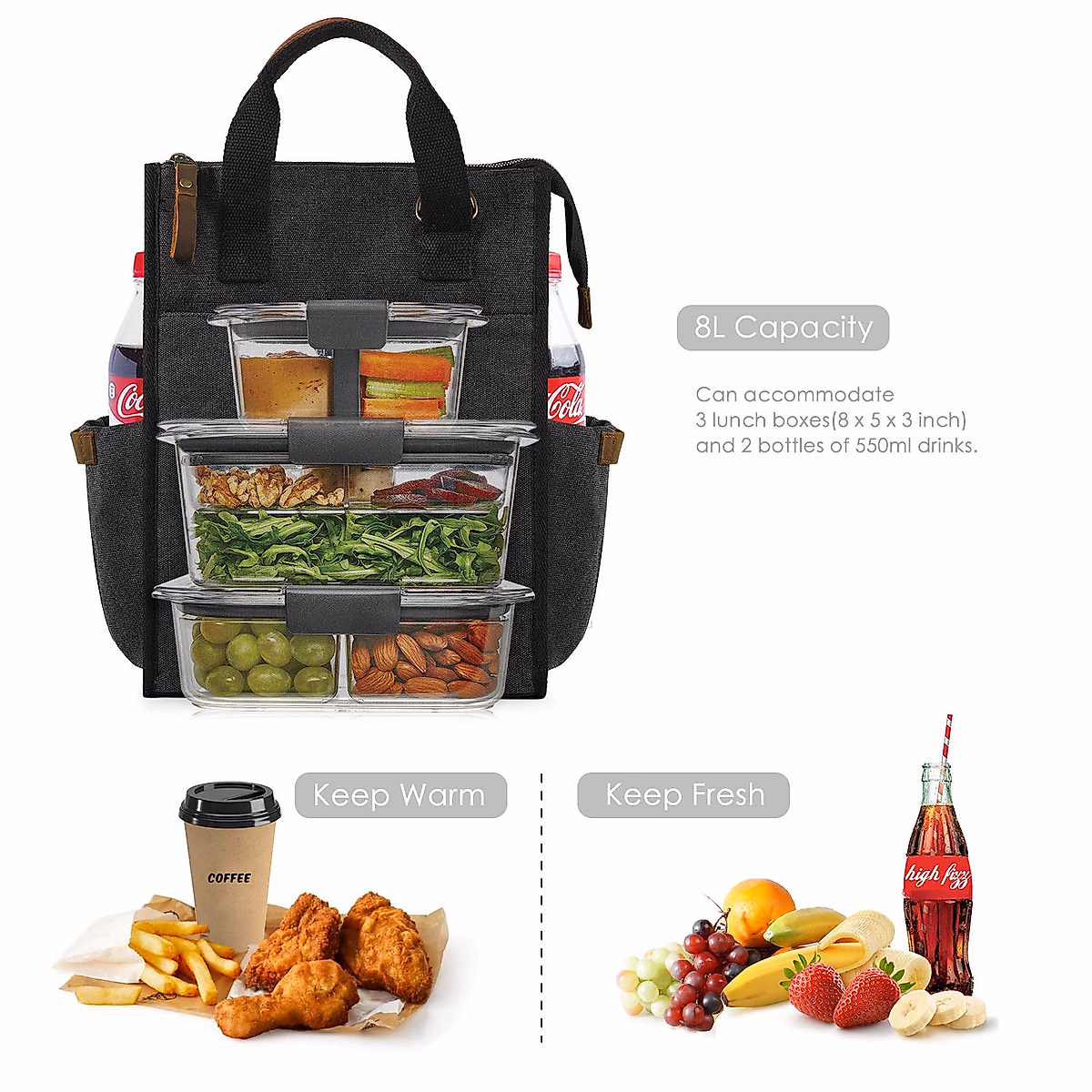 SMRITI Insulated Canvas Lunch Bag for Women/Men-9.6 L Reusable Leakproof Lunch Tote Bag for Work Picnic Beach - Fashion Lunchbox for Adults with Shoulder Strap(Dark Grey)