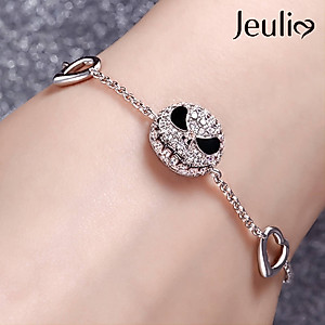 Jeulia 2.5 Carat Jack Skellington Charm Bracelet For Women 925 Sterling Silver Nightmare Before Christmas Bead Bracelet Horror Movie Costume Jewelry Link Bracelet with Adjustable Infinity Chain