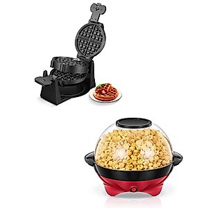 Belgian Waffle Maker Iron 180° Flip Double Waffl and 6qts Popcorn Maker with Detachable & Nonstick Plate
