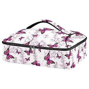 Kcldeci Insulated Thermal Food Carrier Insulated Casserole Carrier for Hot or Cold Food,Small Pink Flowers with Butterflies Insulated Tote Bag for Potluck Cookouts Parties Picnic,Lasagna Lugger