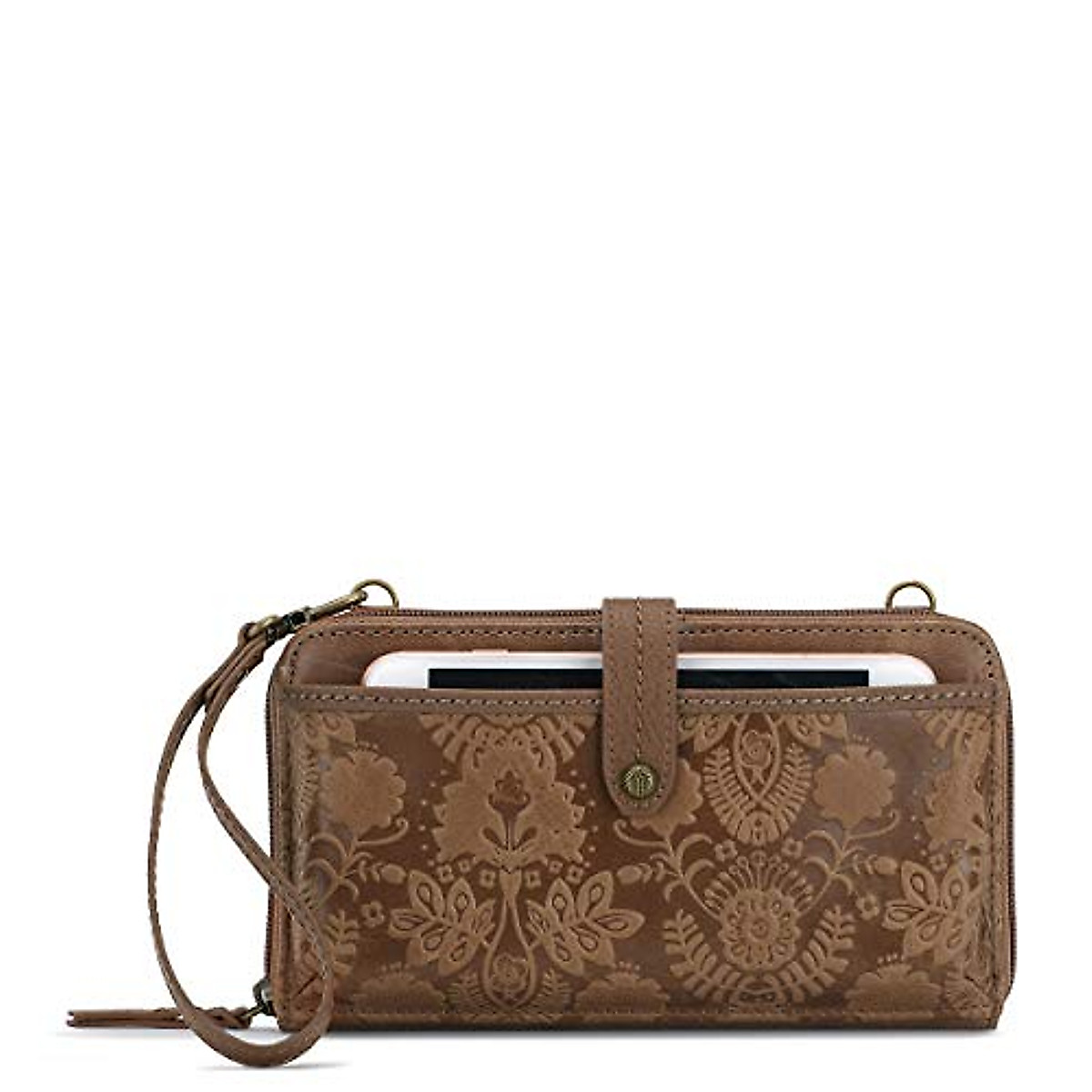 The Sak Iris Large Smartphone Crossbody Bag in Leather, Convertible Wristlet Purse Design, Tobacco Floral Embossed