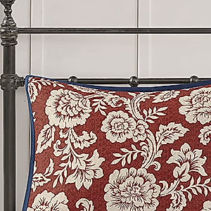 Madison Park Lucy 100% Cotton Reversible Duvet Set Beautiful Floral Pattern, Ruffle Border Design All Season, Breathable Comforter Cover Bedding, Matching Shams, Queen(90"x90"), Red 9 Piece