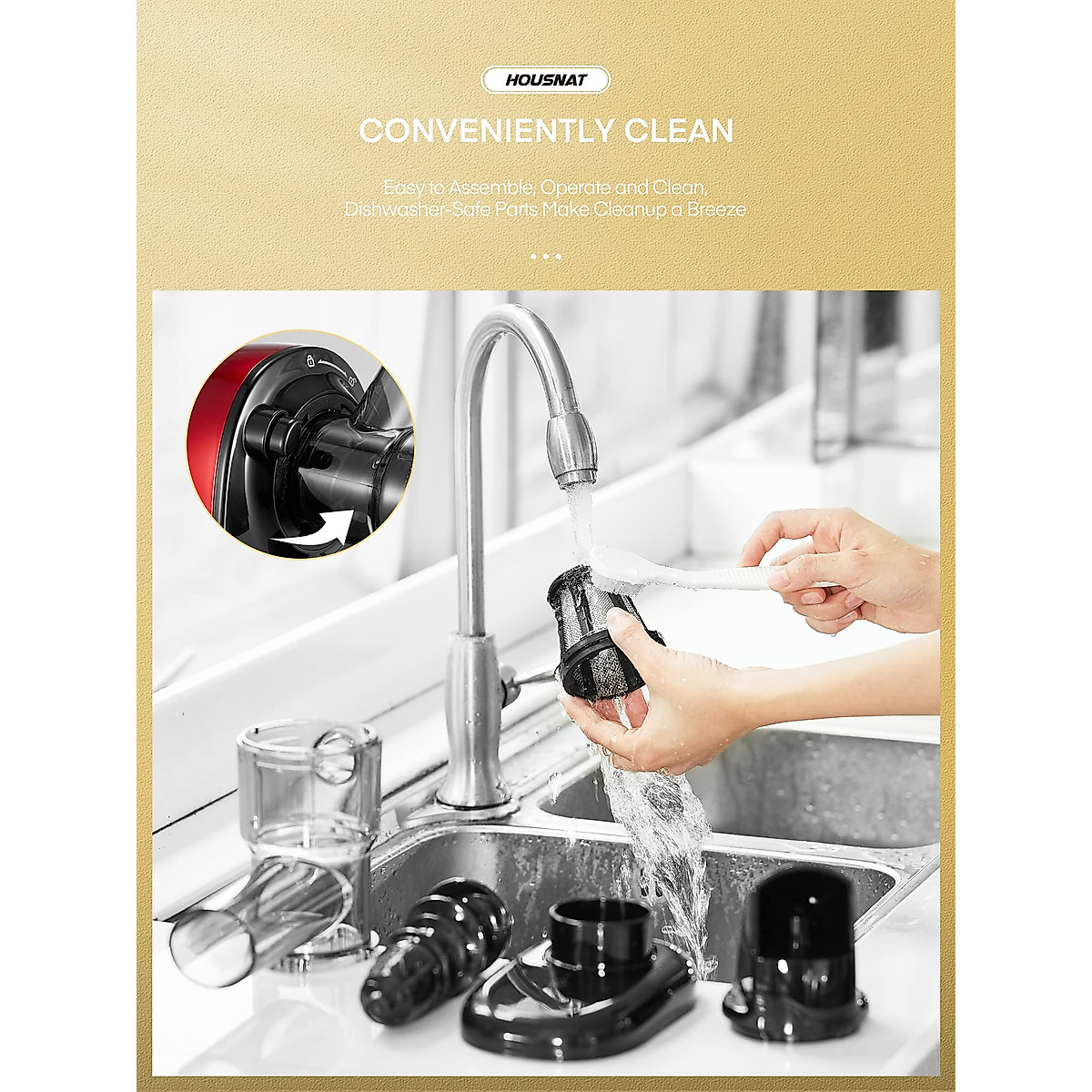 Juicer Machines Vegetable and Fruit, HOUSNAT Cold Press Juicer Extractor with 2-Speed Modes Easy to Clean, Slow Masticating Juicer with Quiet Motor, Reverse Function, Recipes (Passion Red)