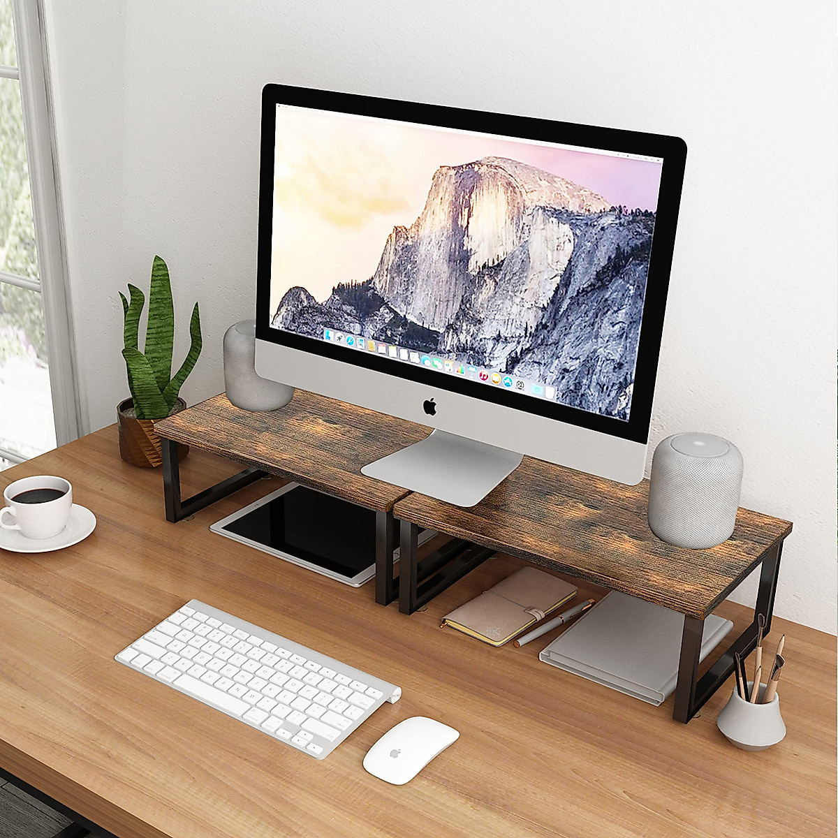 Ekisemio Monitor Stand Riser, 2-Pack Wood Desk Storage Organizer for Office Laptop, Computer, iMac, Antique Brown