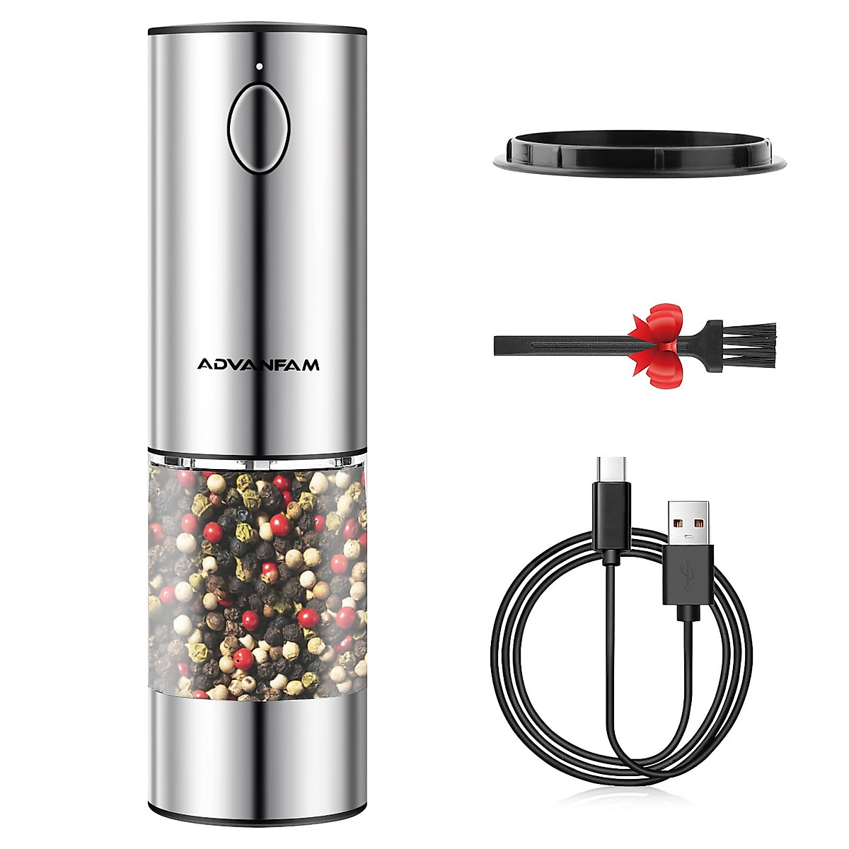 Advanfam Upgraded Larger Capacity Electric Salt Pepper Grinder Stainless Steel Pepper Grinder with LED Light, Rechargeable Automatic Salt or Pepper Mill Features Adjustable Coarseness