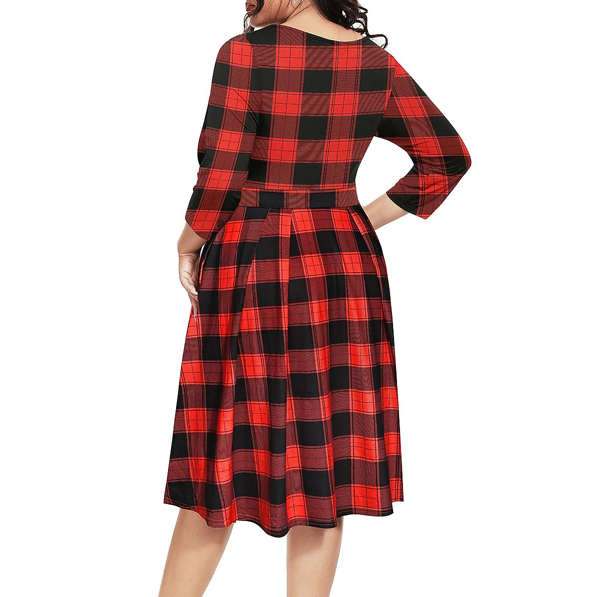 Plaid Dresses Women Plus Size Christmas Buffalo Black Red Holiday Xmas Party Fit Flare Pockets Long Sleeve Midi Dress