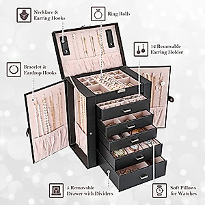 ProCase Large Jewelry Organizer Box for Women Girls, 6 Layers Storage Display Holder Case with Drawers and Dividers for Earrings Necklaces Rings Bracelets Watches -Black