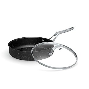THE ROCK by Starfrit 11" Deep Fry Pan with Glass Lid and Stainless Steel Handles, Black