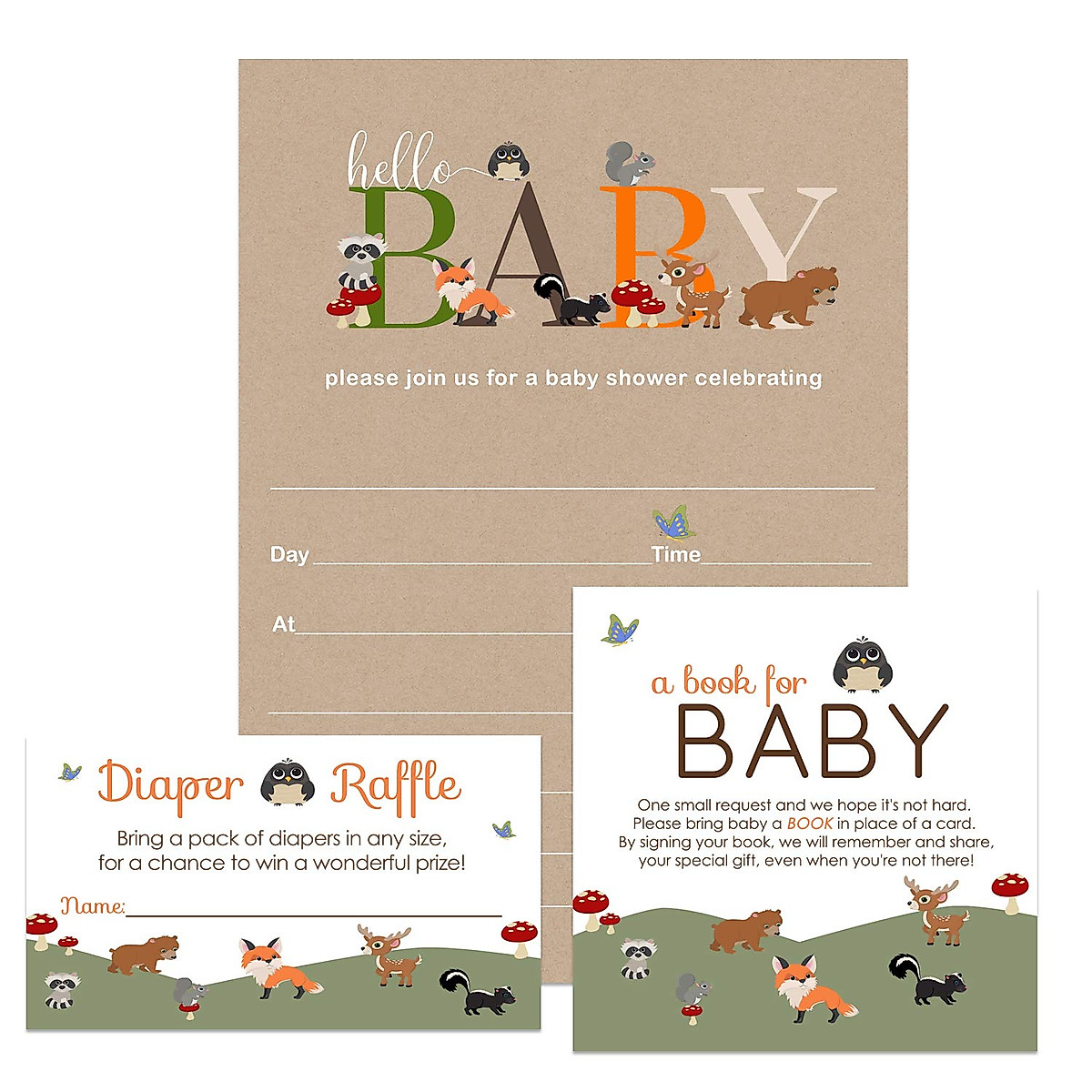 Paper Clever Party Woodland Invitation Kit for Baby Shower, Set Includes Blank Invites with Envelopes, Diaper Raffle Tickets and Bring a Book Cards, 25 of Each Design