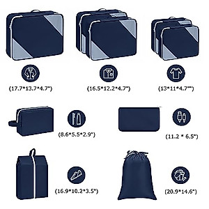 Easortm Packing Cubes for Carry on Suitcase 9 Set, Travel Packing Organizers Durable Luggage Bags for Travel, Suitcase Organizer Bags Set for Man & Women.(Navy Blue)