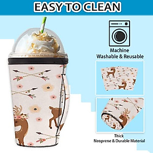 Reusable Iced Coffee Sleeve Deer Animal Insulator Sleeves for Cold Drink Beverages Elk Arrow Iced Coffee Sleeve with Handle Neoprene Cup Holder for Coffee, Tea, Soda, Latte(32 oz)
