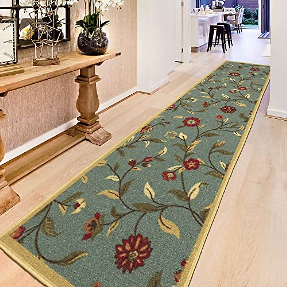 Machine Washable Floral Leaves Design Non-Slip Rubberback 3x10 Traditional Runner Rug for Hallway, Kitchen, Bedroom, Living Room, 2'7" x 9'10", Seafoam Green