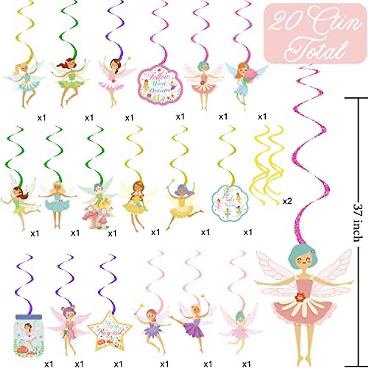 20Pcs Fairy Hanging Swirls Fairy Hanging Decoration for Birthday Party for Girls Fairy Birthday Party Supplies Fairy Baby Shower Decorations Wedding Bridal Shower Supplies